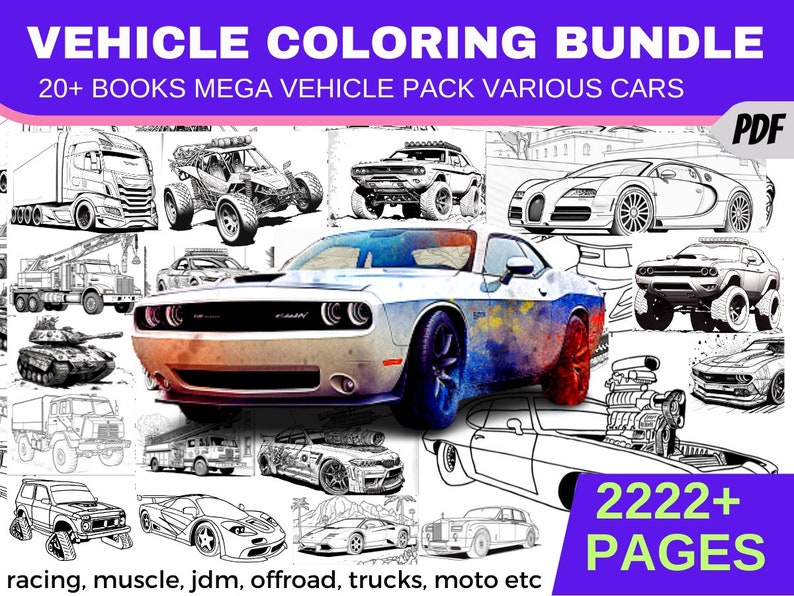 Mega Car Bundle Coloring Pages Vehicle Bundle Over 2222 Designs Pdfs - Etsy