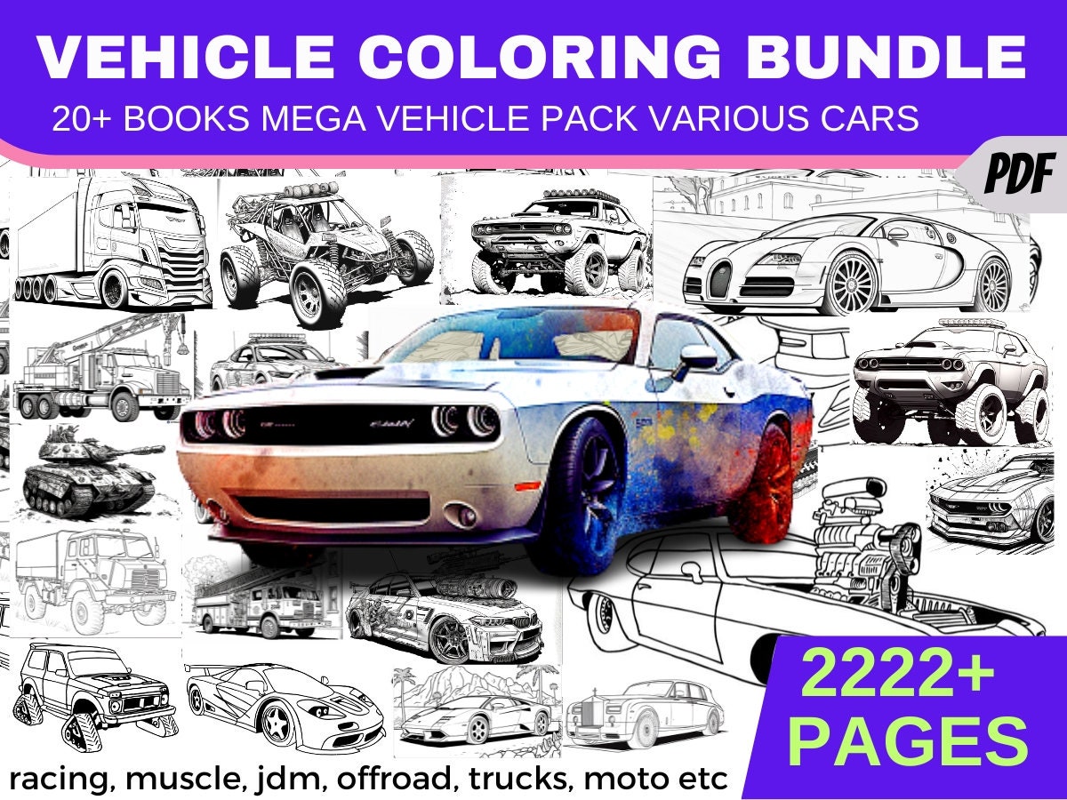 Mega Car Bundle Coloring Pages Vehicle Bundle Over 2222 Designs Pdfs - Etsy