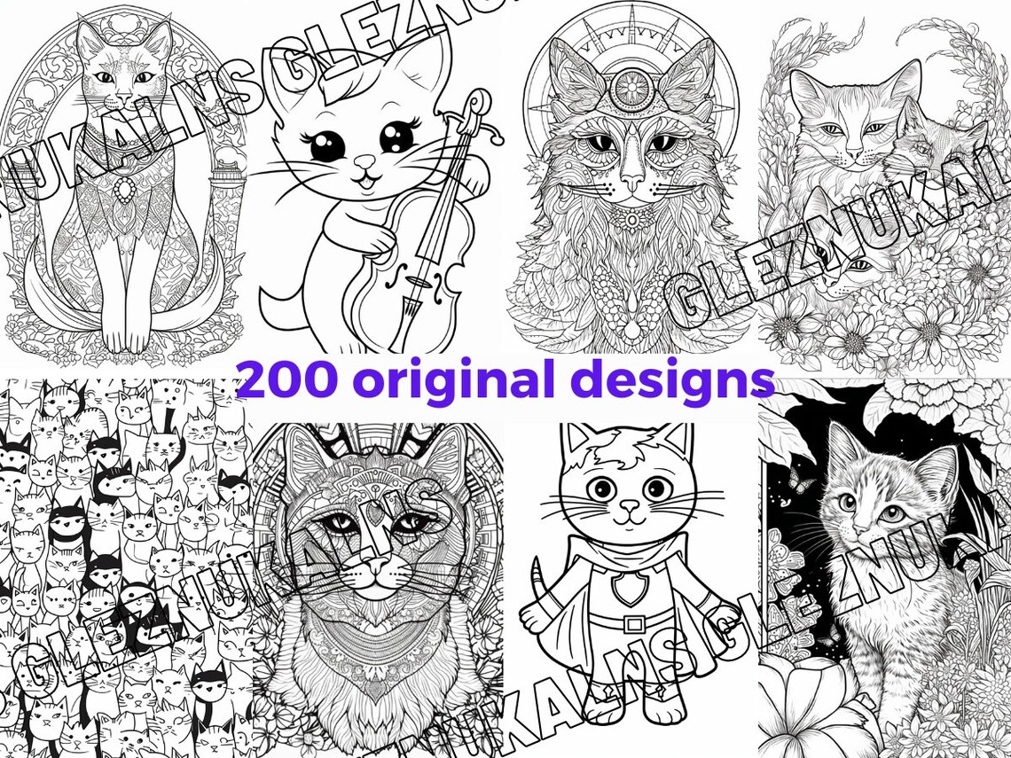 200 Cat Coloring Book Digital Download Pawsitively Cats Coloring Pages ...