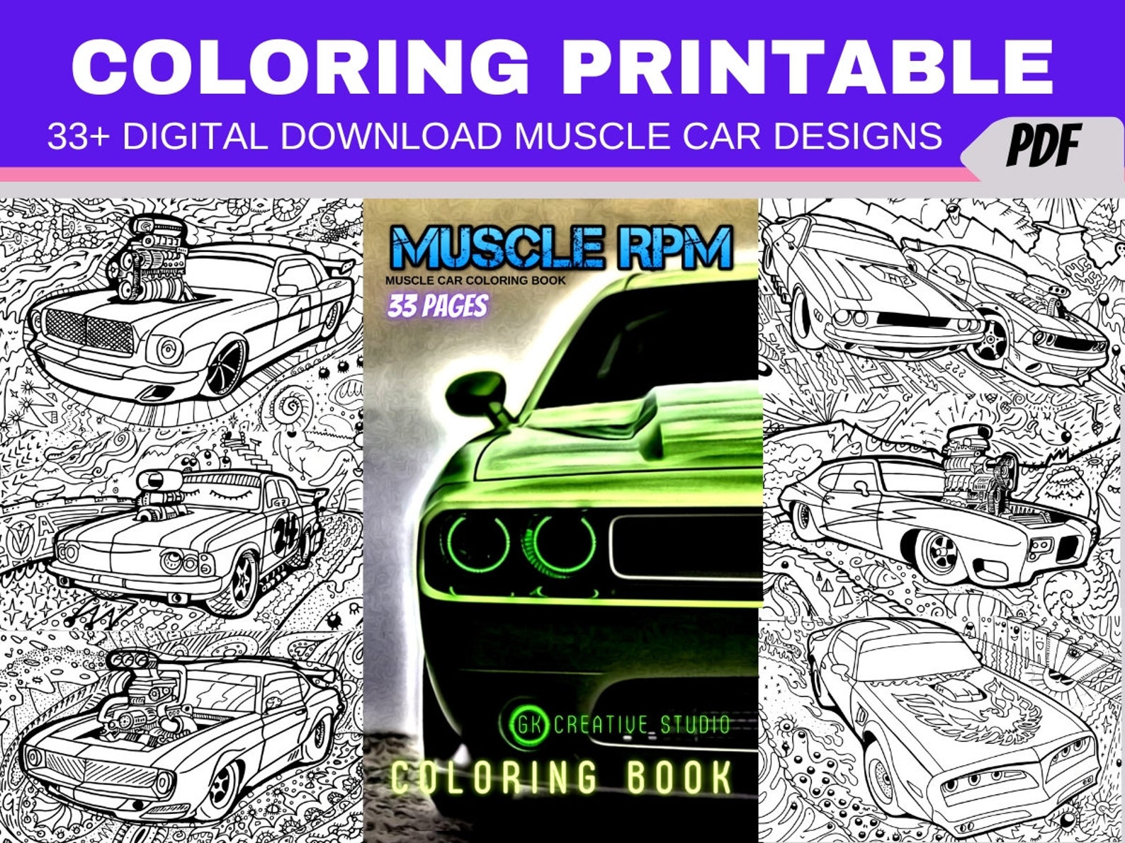 Hand-drawn Muscle Cars Coloring Pages With 33 Detailed Designs Digital ...