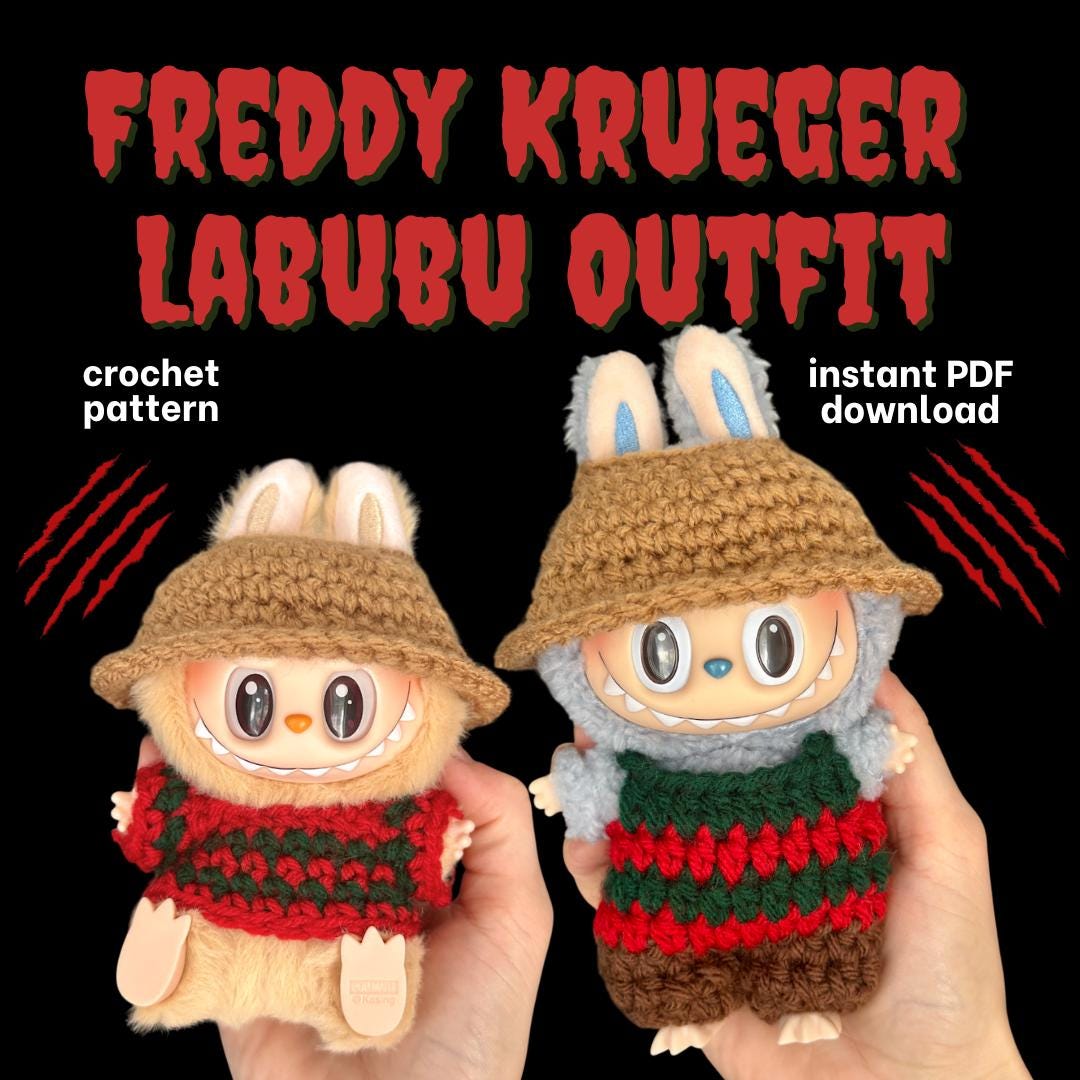 Labubu Freddy Krueger Crochet Pattern | Striped Sweater, Overalls & Hat ...