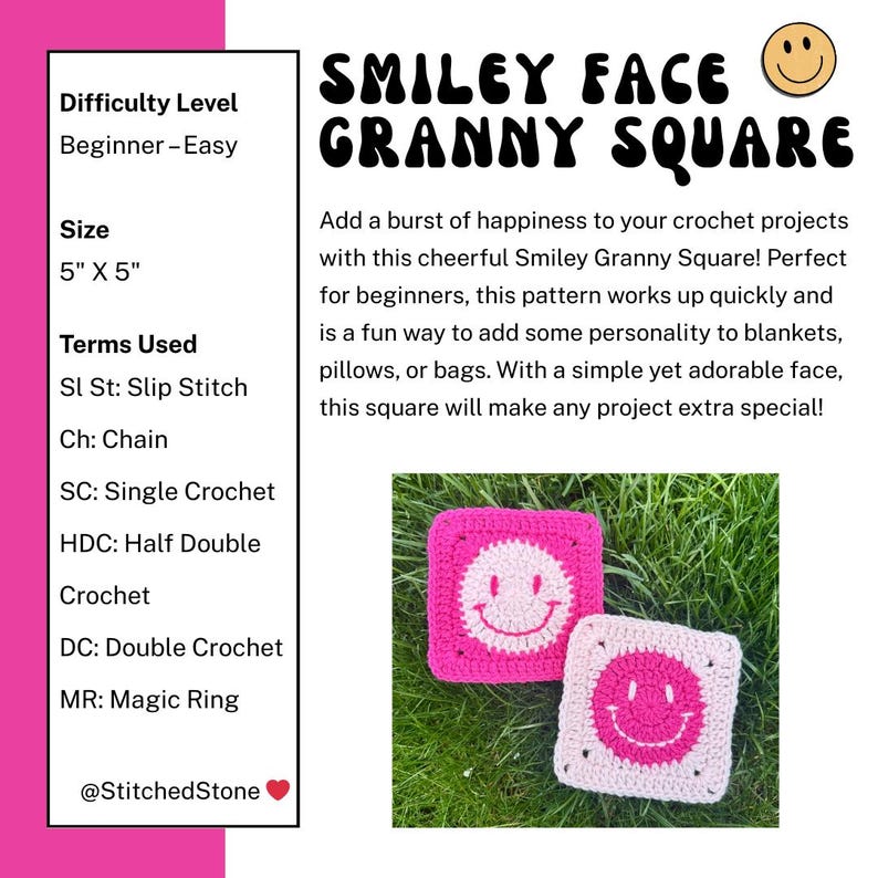 Smiley Face Granny Square Crochet Pattern – Happy Square PDF Tutorial ...