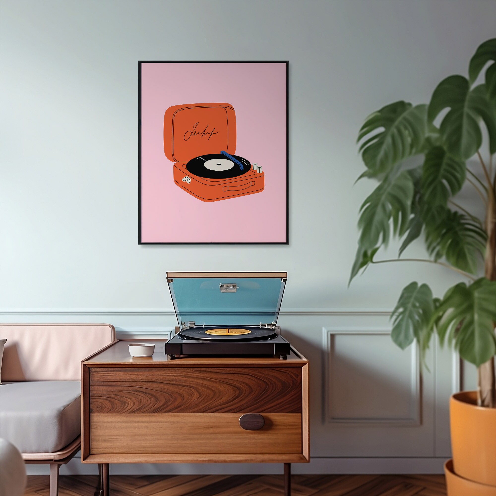 Retro Record Player Digital Prints-pink Red Wall Art Poster-cool Girl ...
