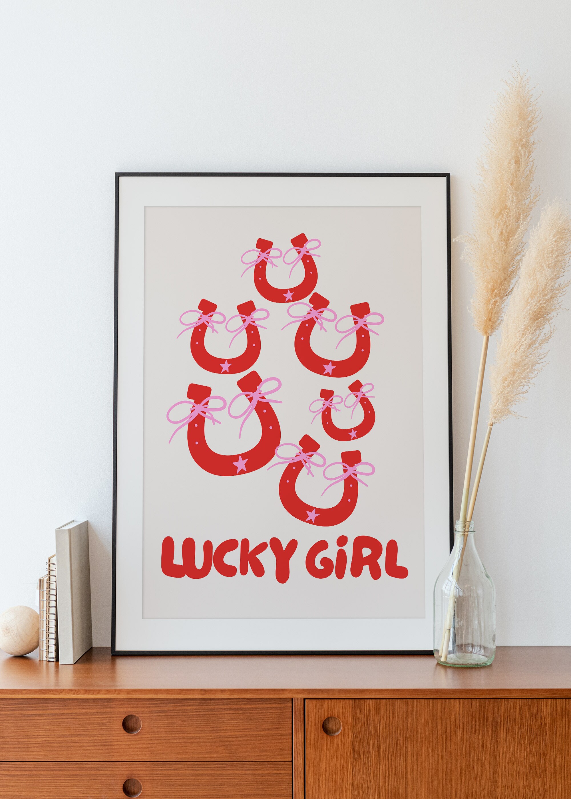 Trendy Lucky Girl Aesthetic Wall Art, Pink and Red Digital Print ...