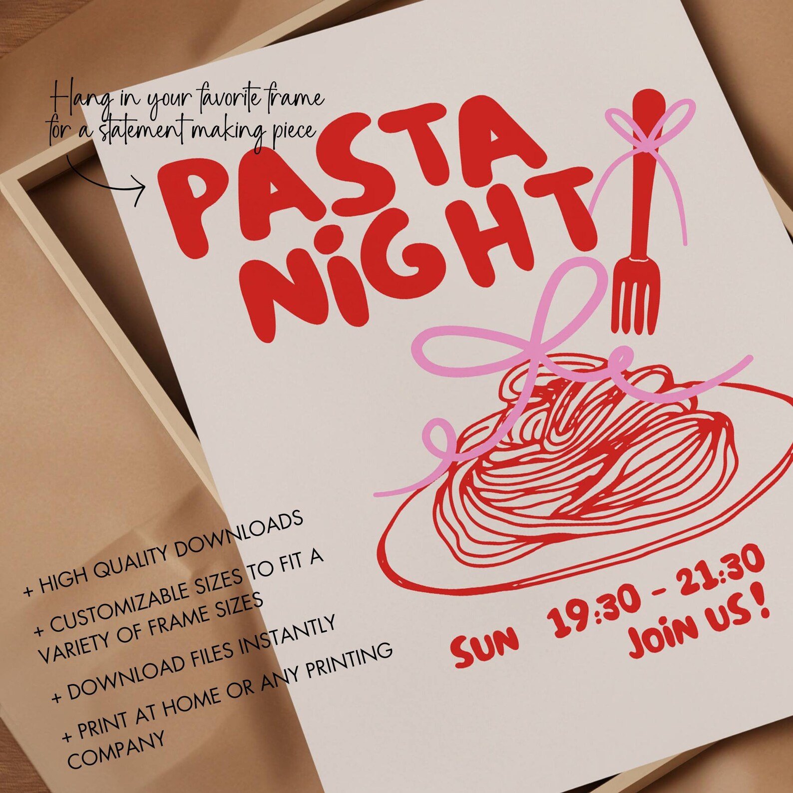Pasta Night Poster: Coquette Retro Kitchen Wall Art (digital Download ...