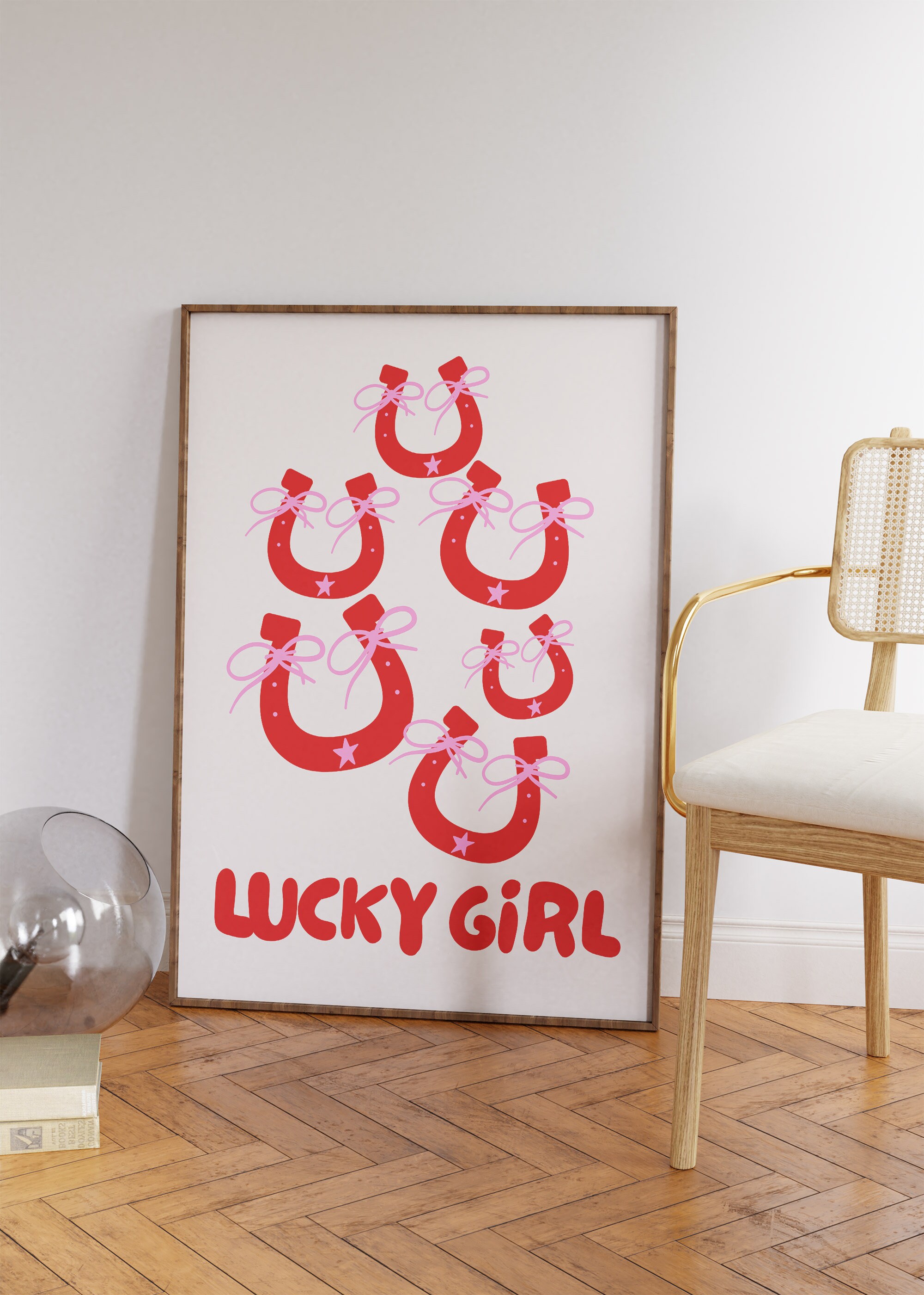 Trendy Lucky Girl Aesthetic Wall Art Pink And Red Digital Print
