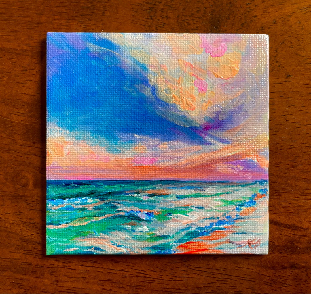 Coral Sunset - Mini Acrylic 4x4” Painting, Small Ocean Painting ...