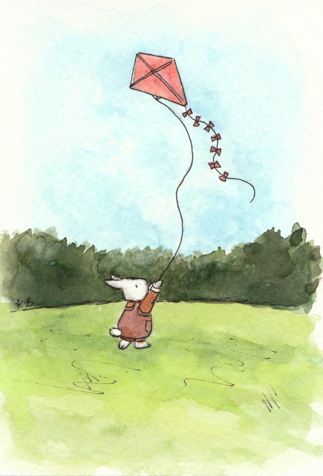 Kite Flying - Original Framed Mini 3.5x5” Watercolor and Ink Painting ...