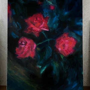 Three Red Roses - Original 18x24” Oil Painting on Canvas, Red Rose ...