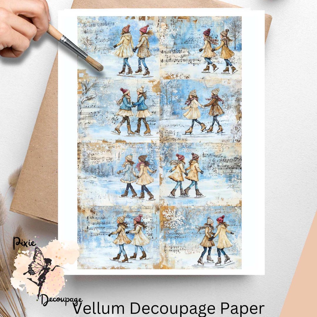Two Girls Ice Skating Collage 1, Vellum Decoupage Paper US Letter Size ...