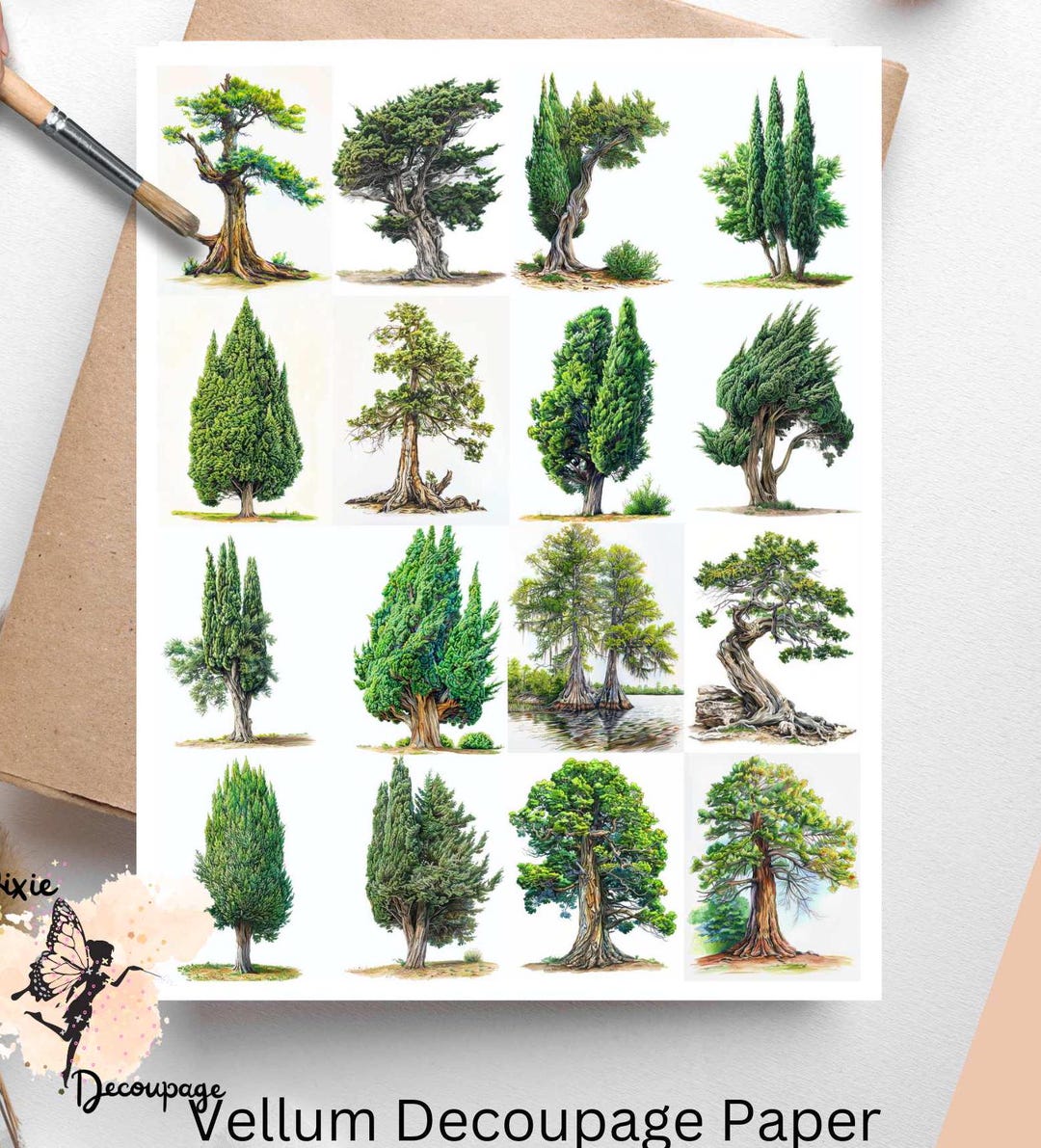 Cypress Tree Collage 1, Decoupage Paper US Letter Size, Shipped to You ...