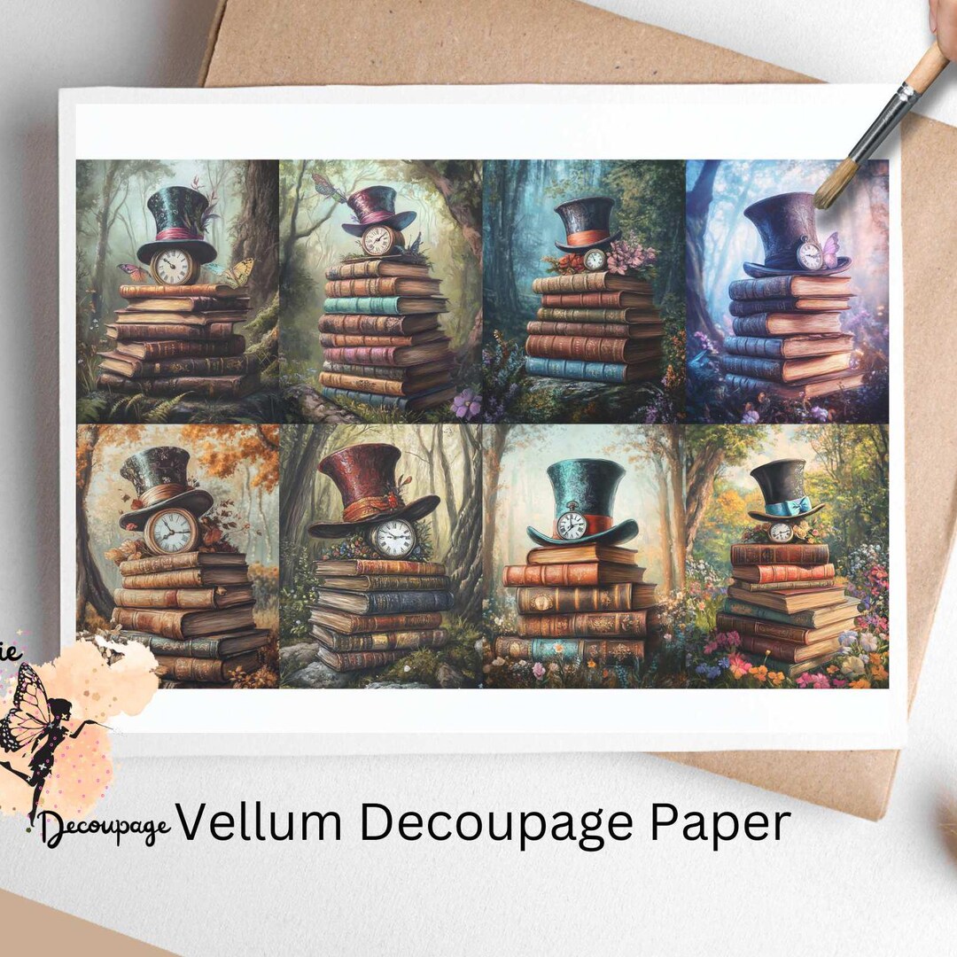 Stack of Books in Enchanted Forest Collage 1, Vellum Decoupage Paper US ...