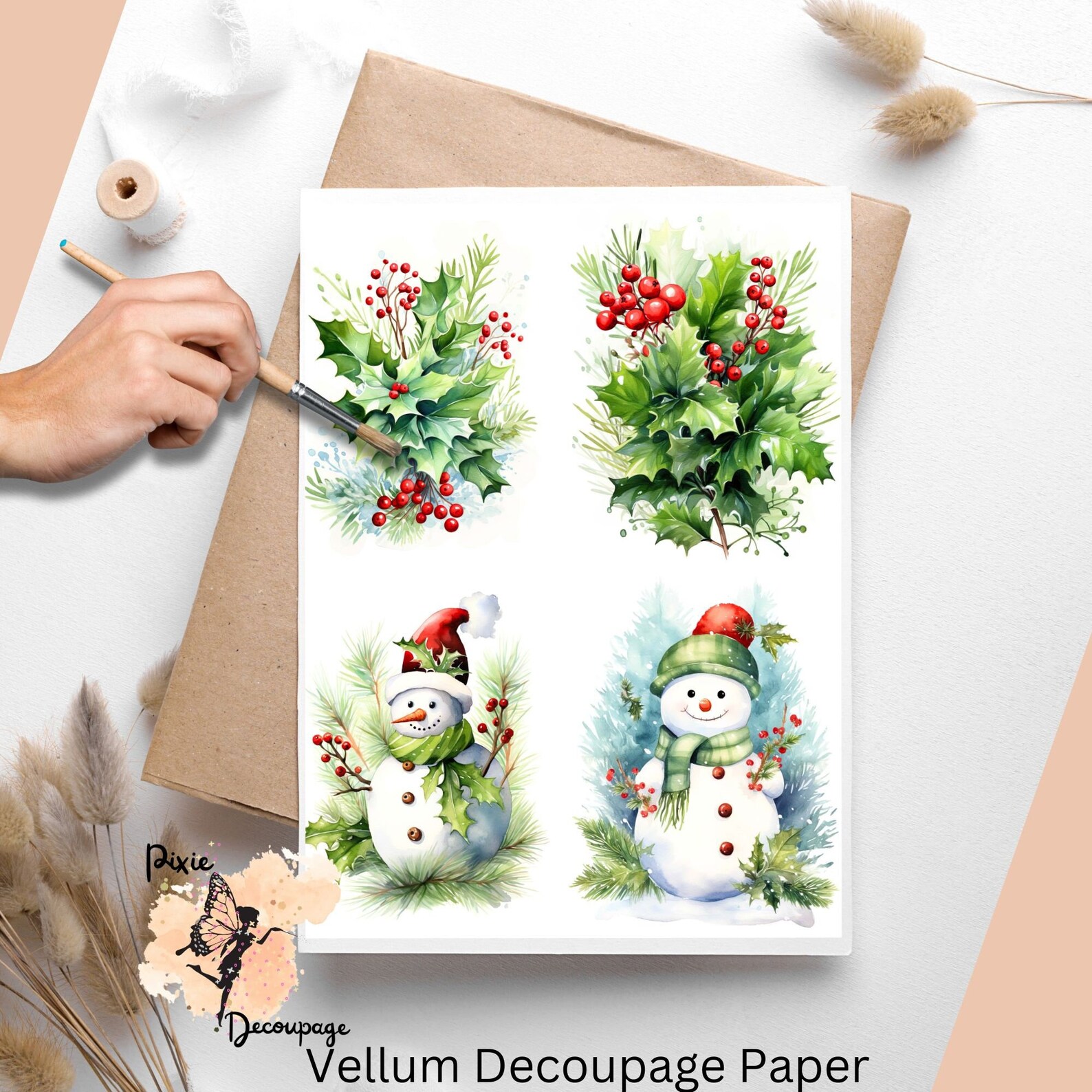 Snowman and Christmas Greenery Collage 1, Decoupage Paper US Letter ...