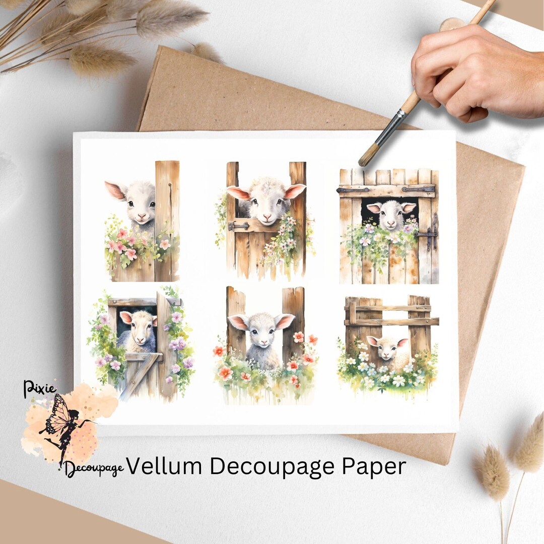 Sheep Peeking Out Barn Door Collage 1, Vellum Decoupage Paper US Letter ...
