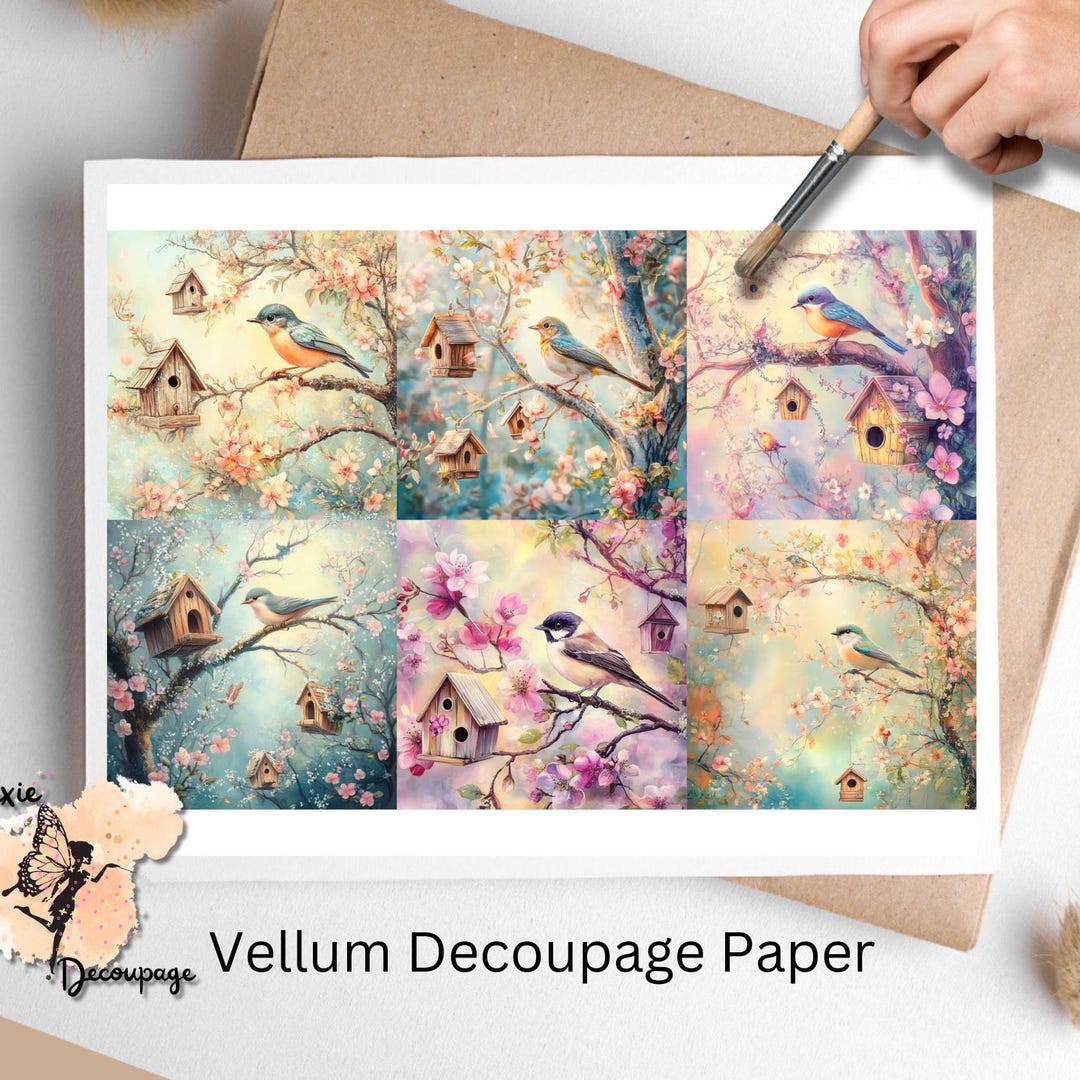 Bird With Birdhouse Collage 2, Vellum Decoupage Paper US Letter Size ...