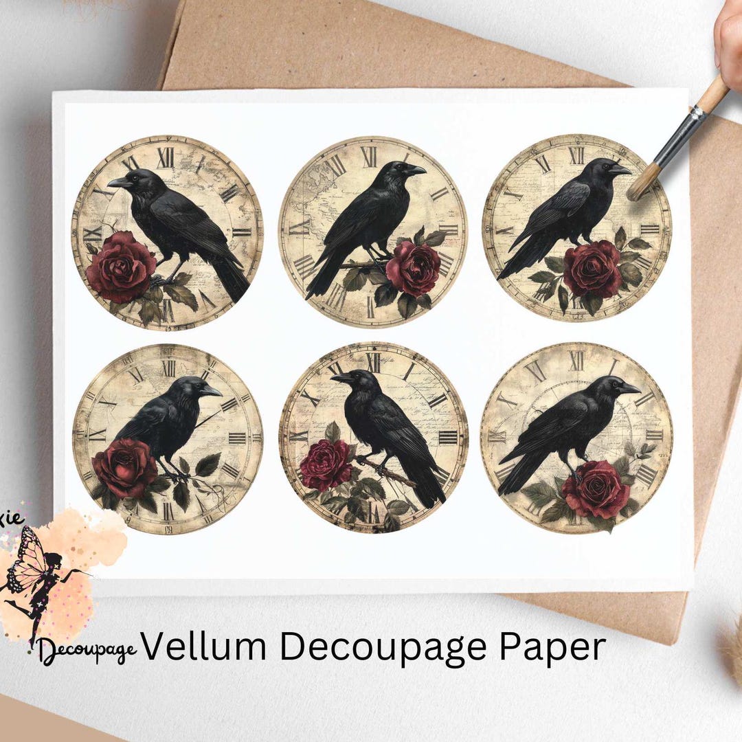 Vintage Raven With Rose Timepiece Circle Collage 1, Vellum Decoupage ...