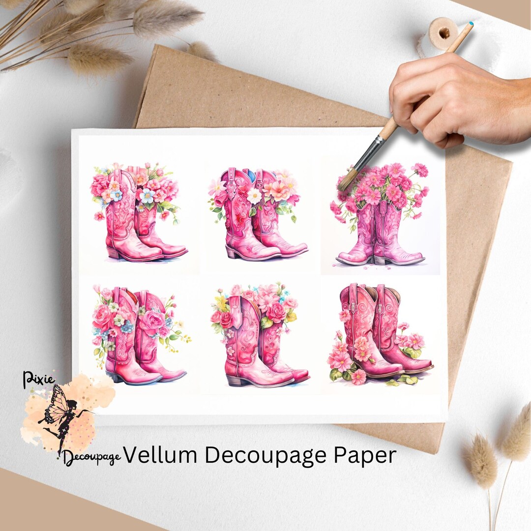 Hot Pink Cowboy Boots Collage 1, Vellum Decoupage Paper US Letter Size ...