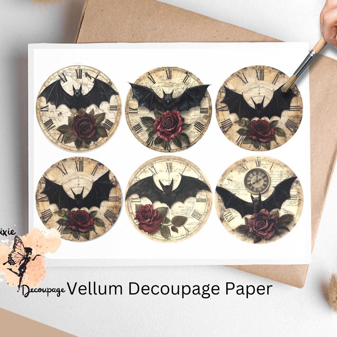 Vintage Bat With Rose Timepiece Circle Collage 1, Decoupage Paper US ...