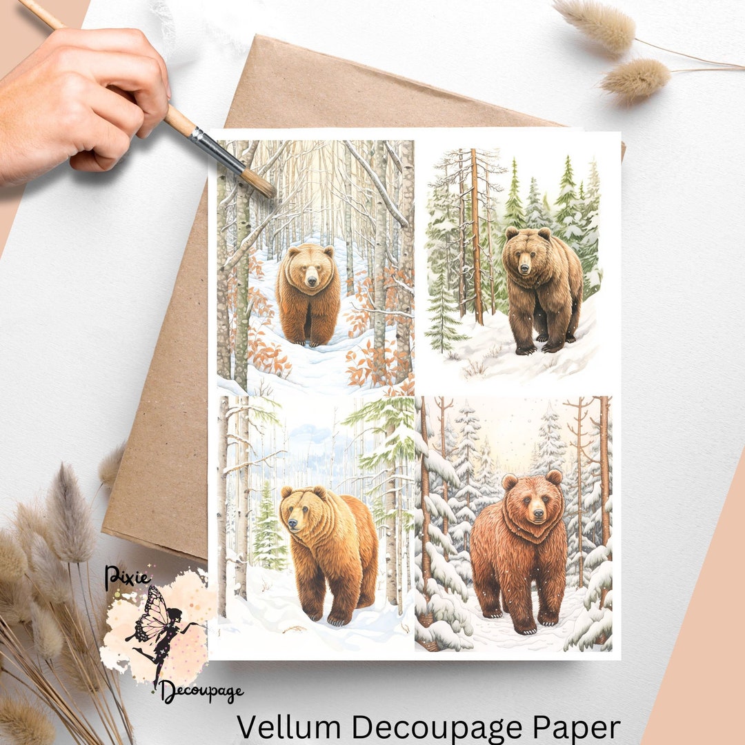 Brown Bear in Snowy Forest Collage 2, Vellum Decoupage Paper US Letter ...