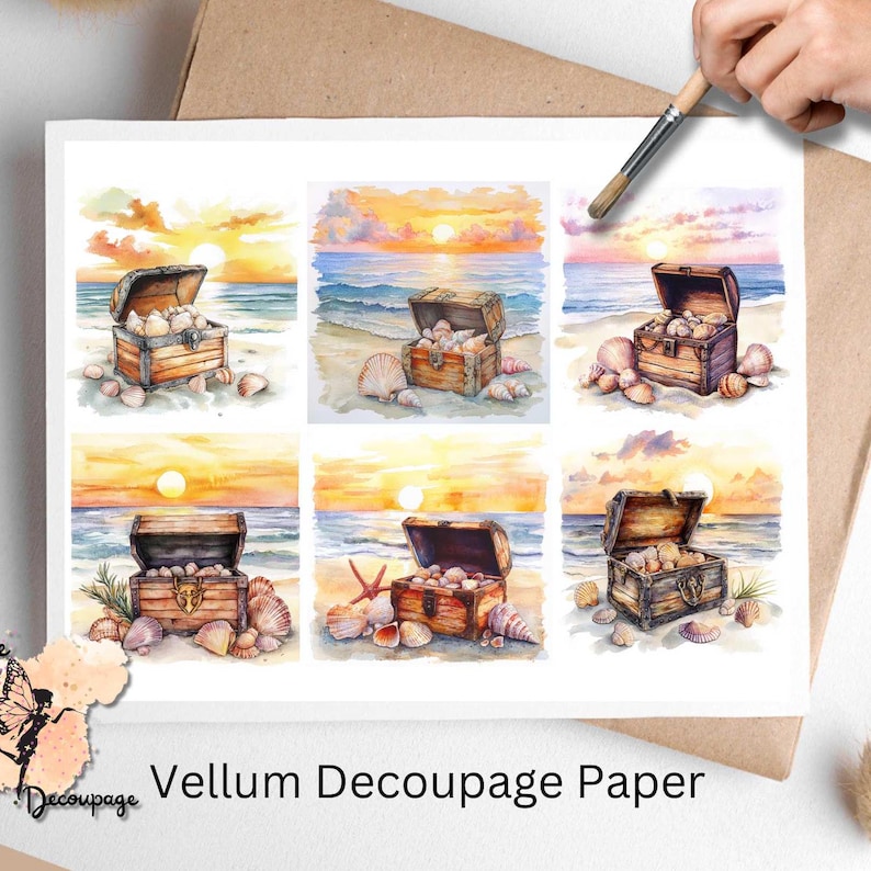 Treasure Chest at the Beach Collage 1, Decoupage Paper US Letter Size ...