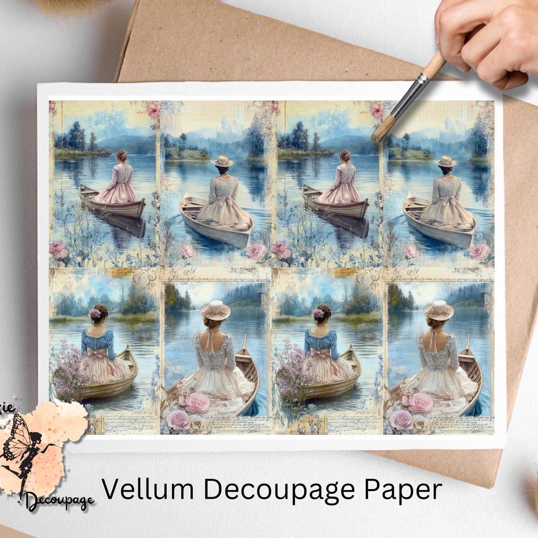 Shabby Chic Lady in Boat Collage 1, Vellum Decoupage Paper US Letter ...