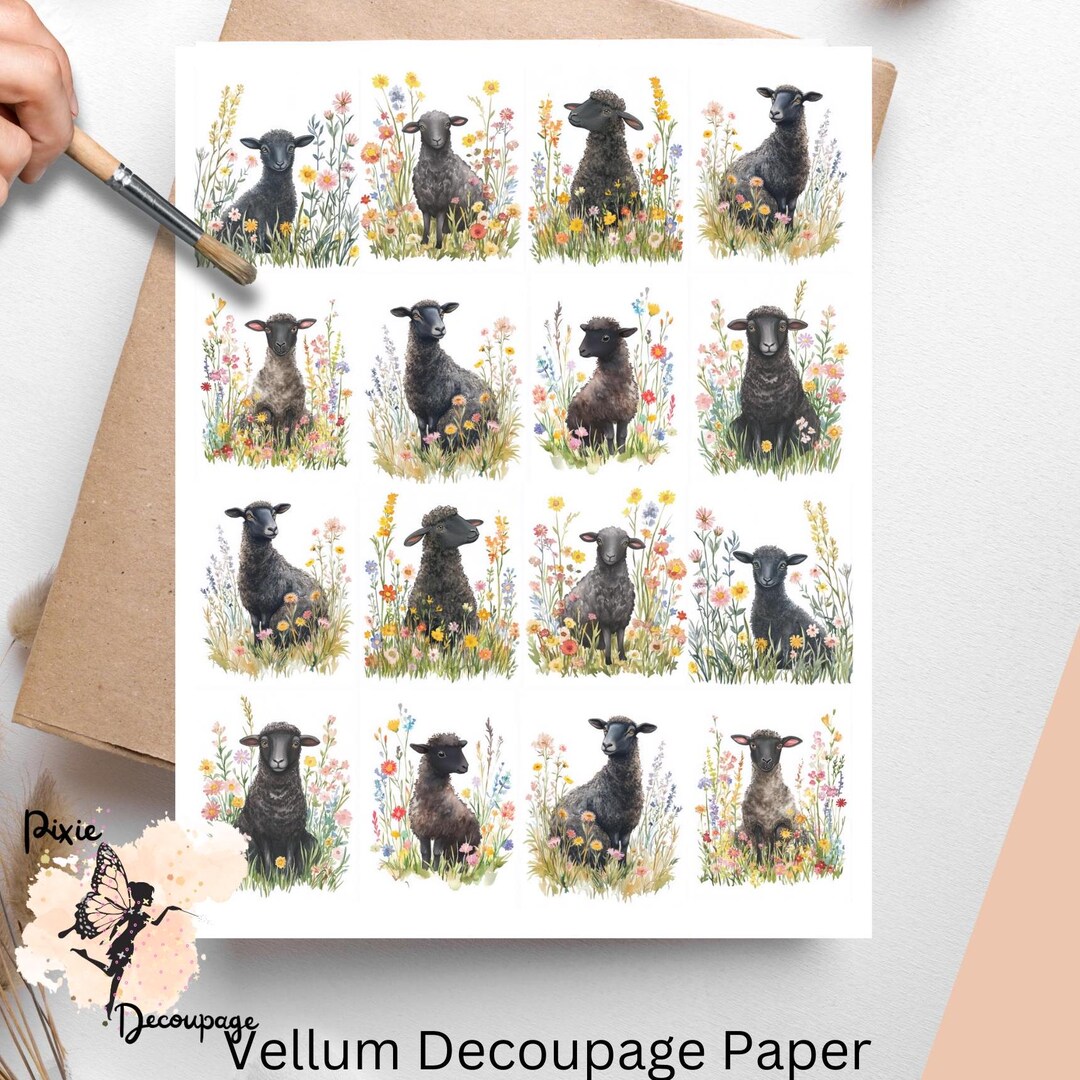 Black Sheep in Flowers Collage 2, Vellum Decoupage Paper US Letter Size ...