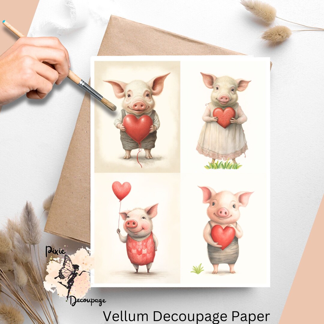 Valentine Pig 1 , One Sheet Decoupage Paper US Letter Size - Etsy