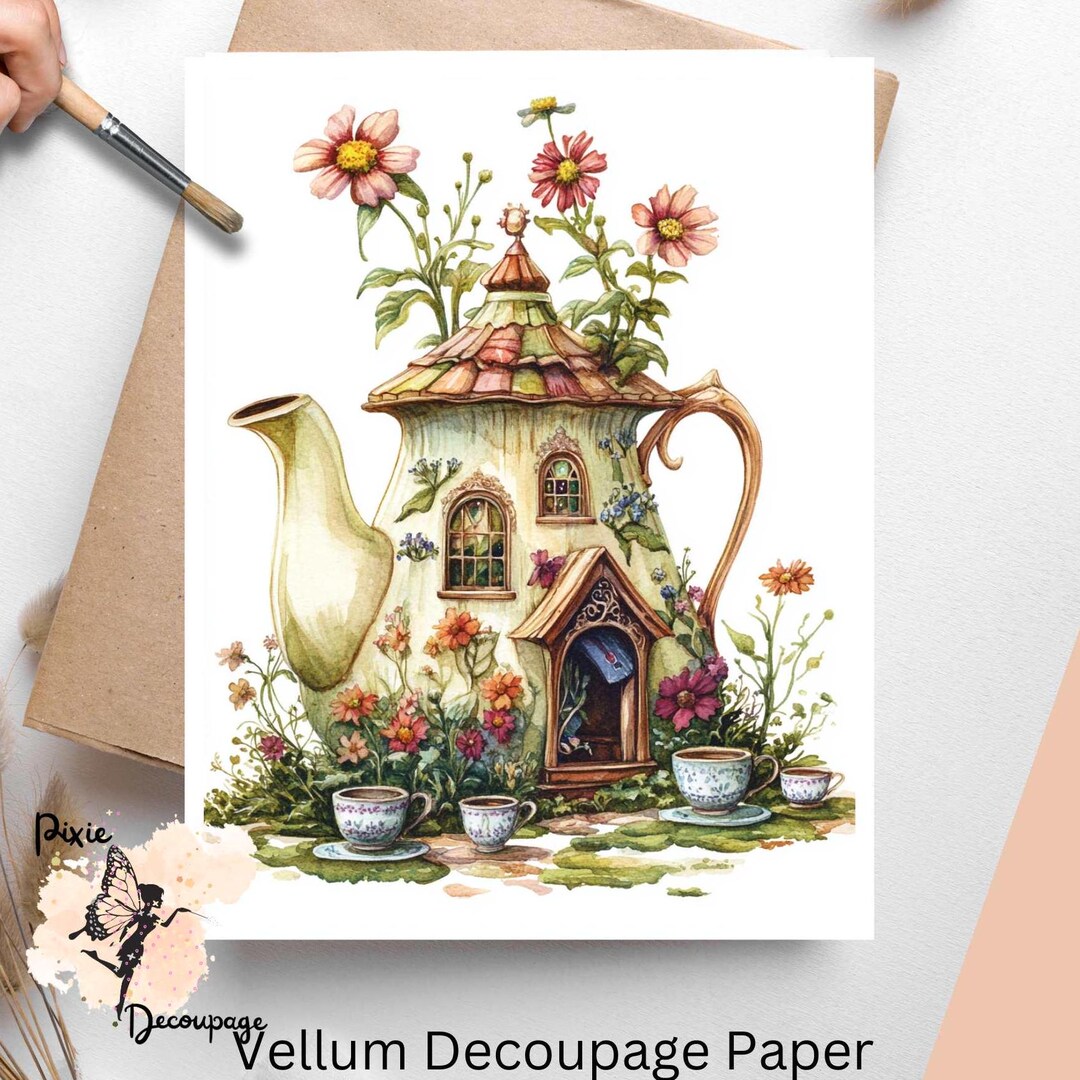 Whimsical Fairy House Teapot 1, Vellum Decoupage Paper US Letter Size ...
