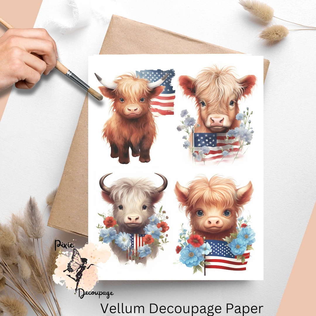 Patriotic Highland Cow Collage 2, Vellum Decoupage Paper US Letter Size ...
