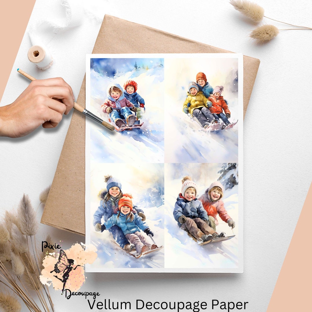 Kids Sledding Collage 1, Vellum Decoupage Paper US Letter Size, Shipped ...