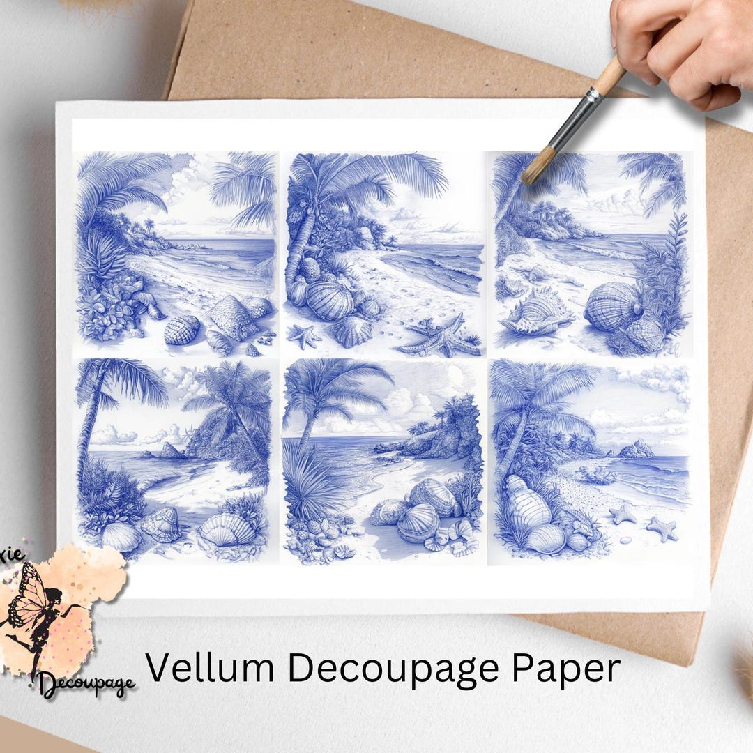 Blue Beach Scenes Collage 1, Vellum Decoupage Paper US Letter Size ...