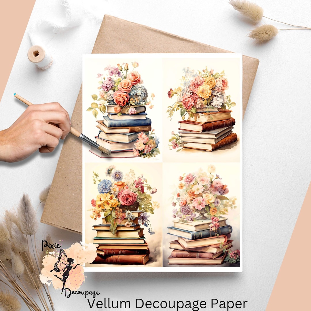 Stack of Books Collage 2, Vellum Decoupage Paper US Letter Size ...
