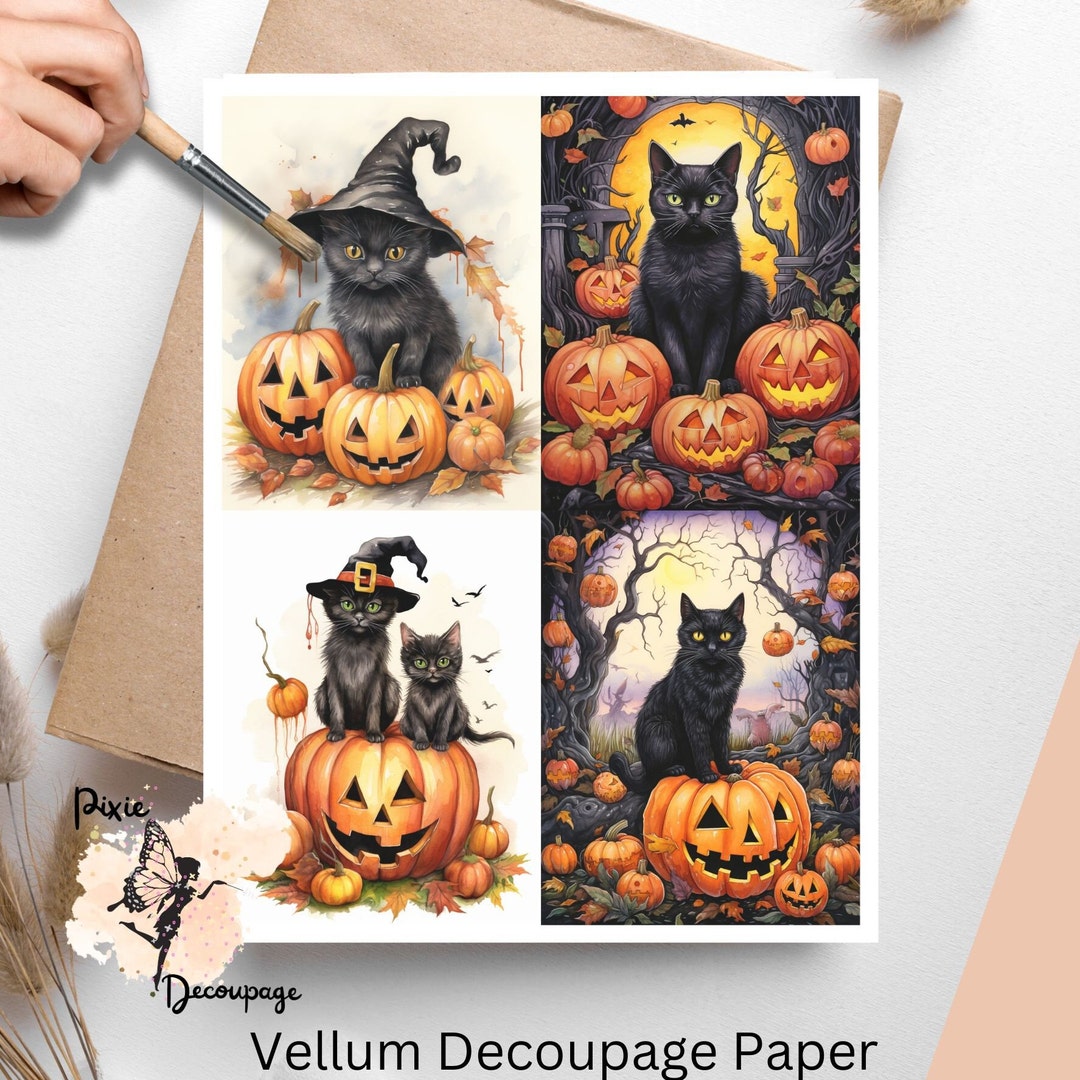 Whimsical Halloween Black Cat Collage 3, Vellum Decoupage Paper US ...