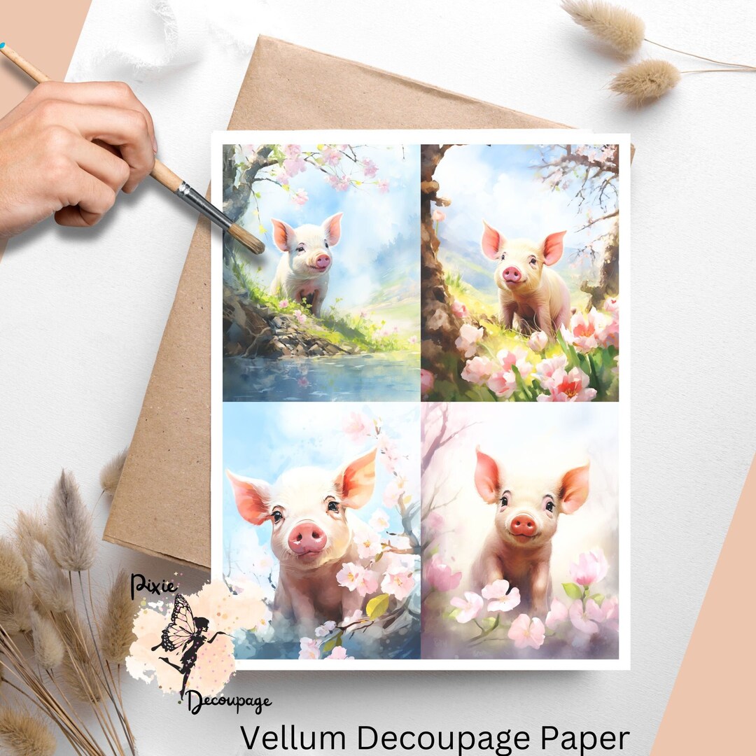 Pig in Spring Collage 2, Vellum Decoupage Paper US Letter Size, Shipped ...