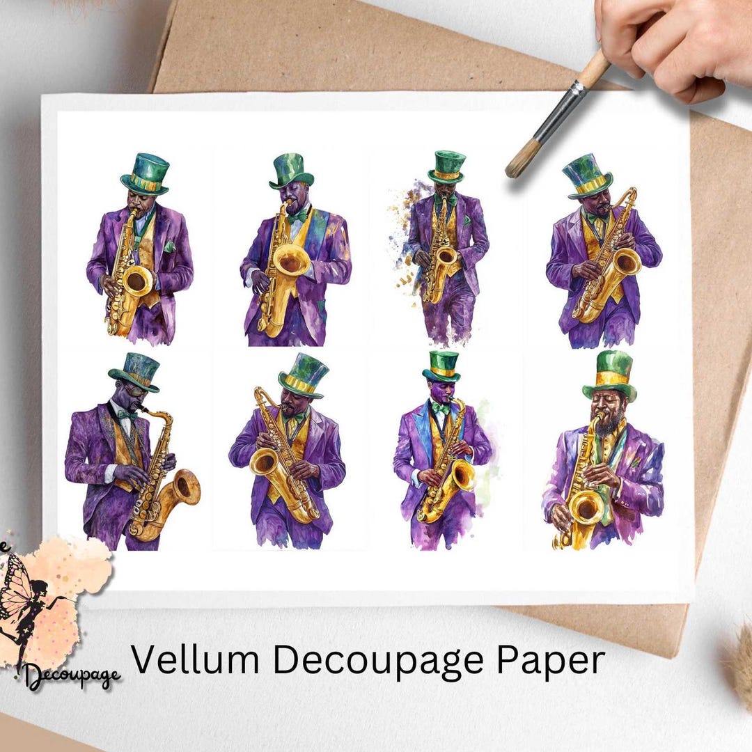 Mardi Gras Saxophone Player Collage 1, Vellum Decoupage Paper US Letter ...