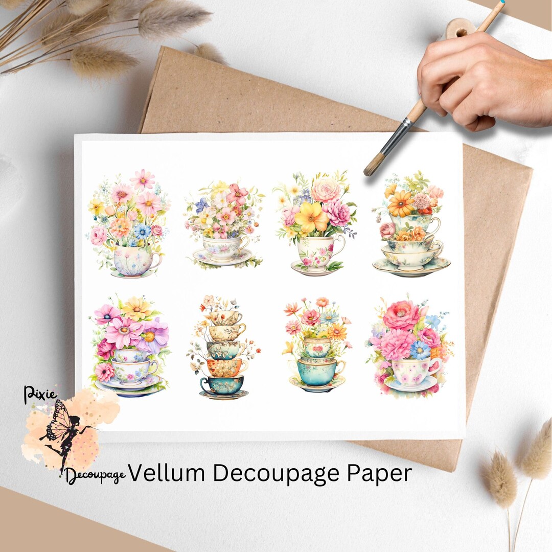 Tea Cups With Florals Collage 1, Decoupage Paper US Letter Size ...