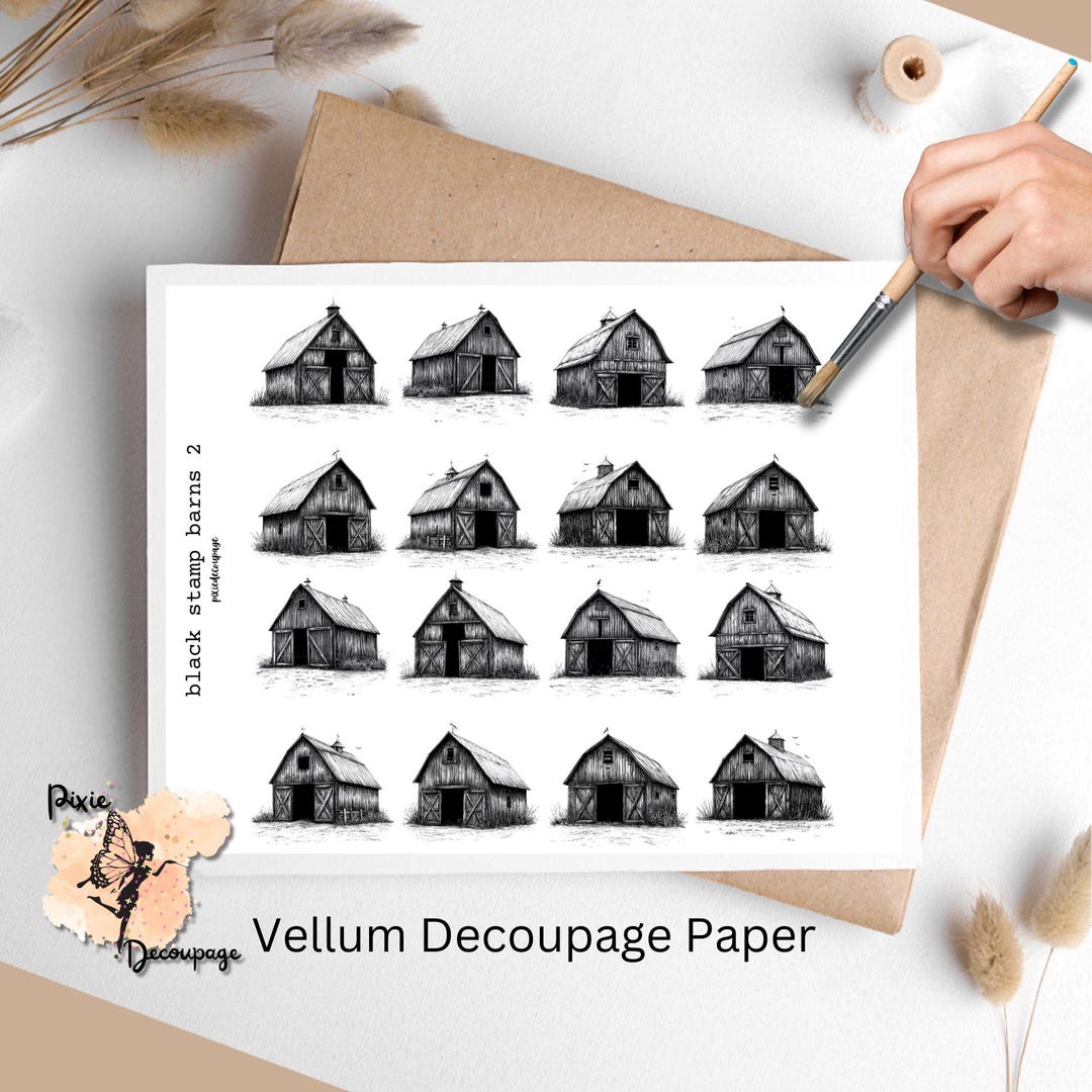 Black Stamp Barns 2, Vellum Decoupage Paper US Letter Size, Shipped to ...