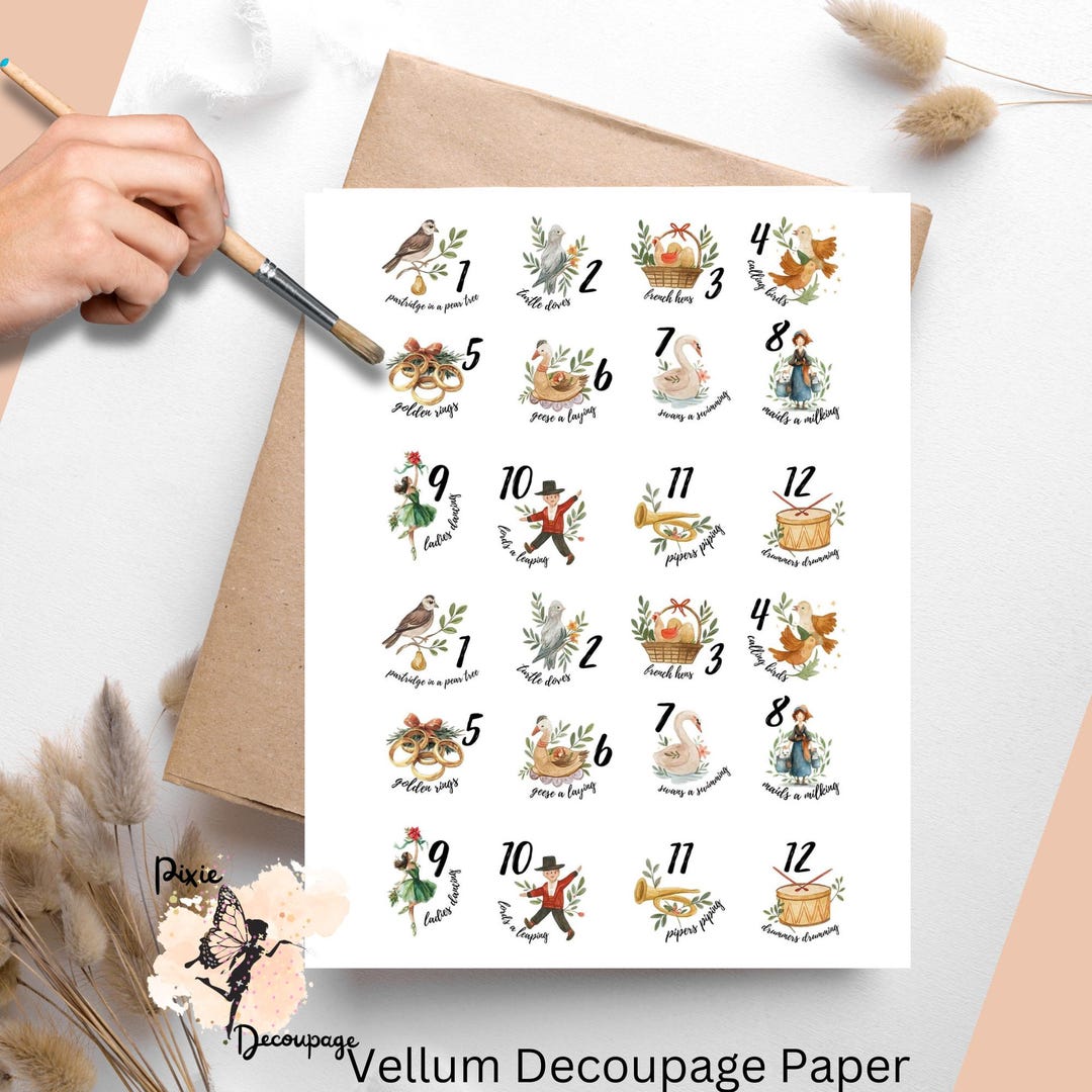 12 Traditional Days of Christmas 2, One Sheet Rice Paper US Letter Size ...