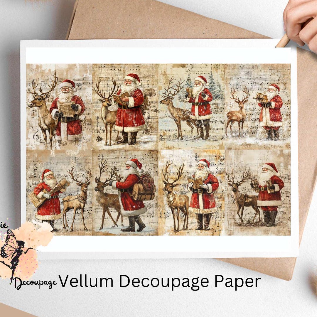 Vintage Santa With Reindeer Collage 1, Vellum Decoupage Paper US Letter ...