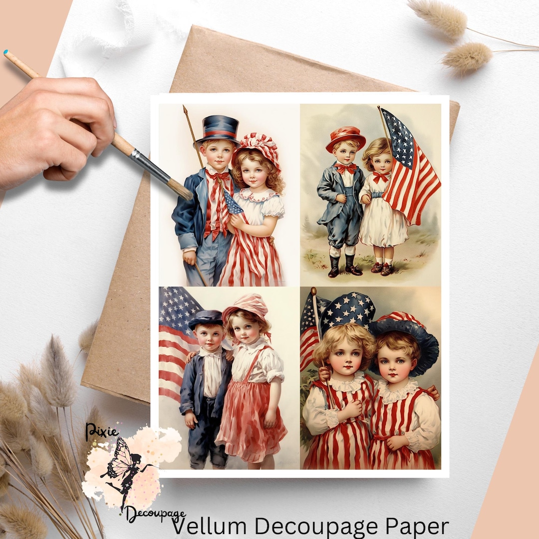 Vintage Patriotic Kids Collage 2, Vellum Decoupage Paper US Letter Size ...