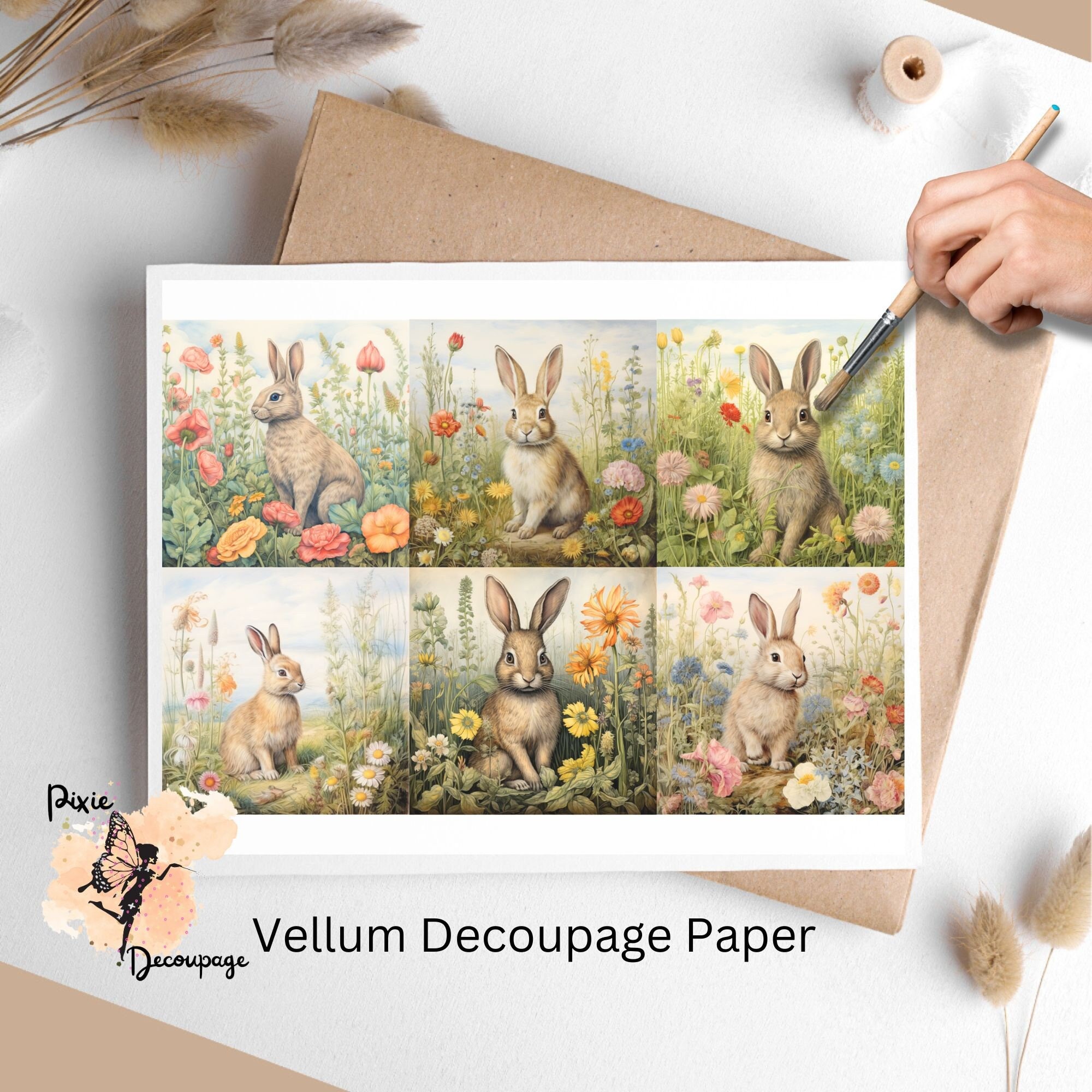 Rabbits in the Meadow Collage 1, Decoupage Paper US Letter Size ...