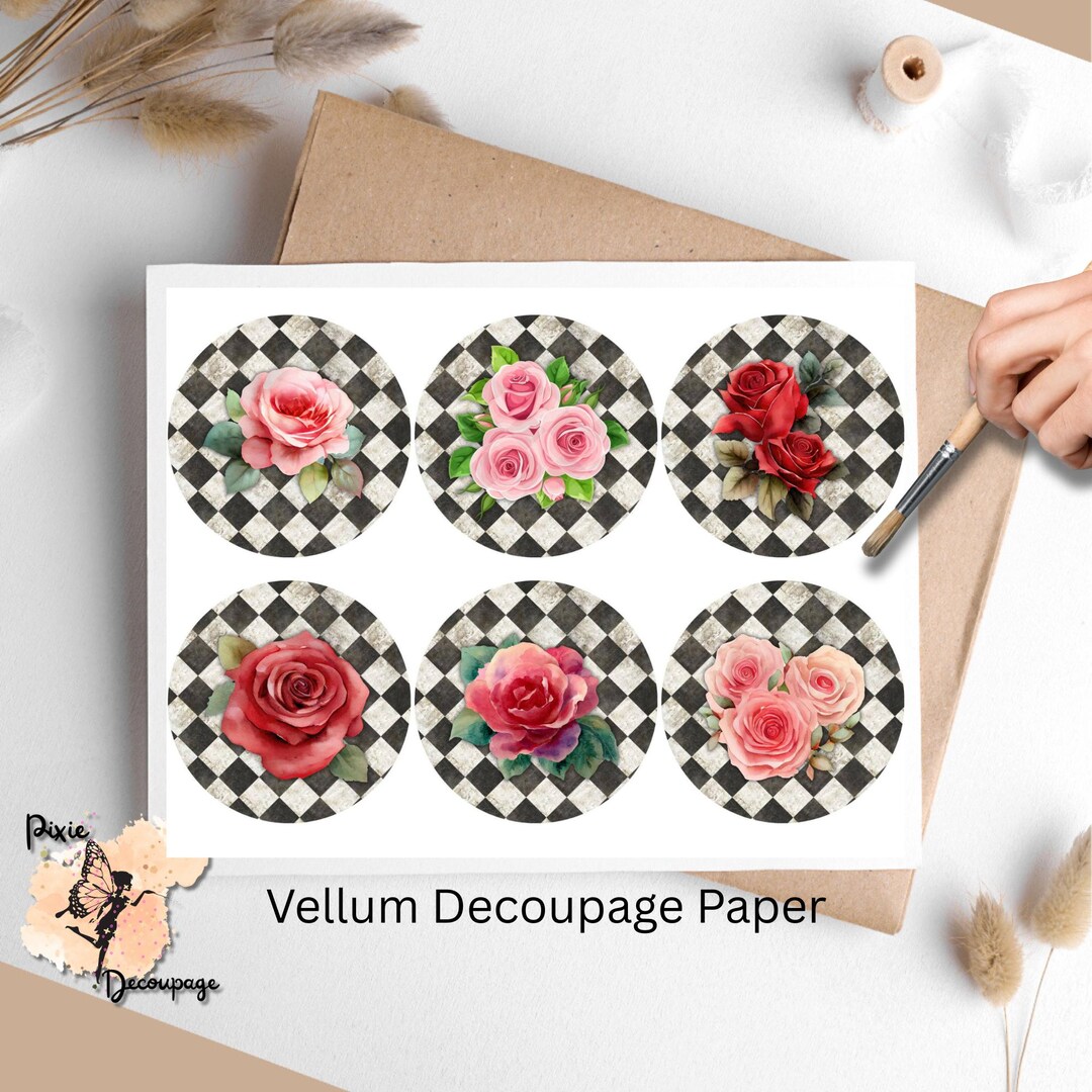 Roses on Checks Circle 1, One Sheet Decoupage Paper US Letter Size - Etsy
