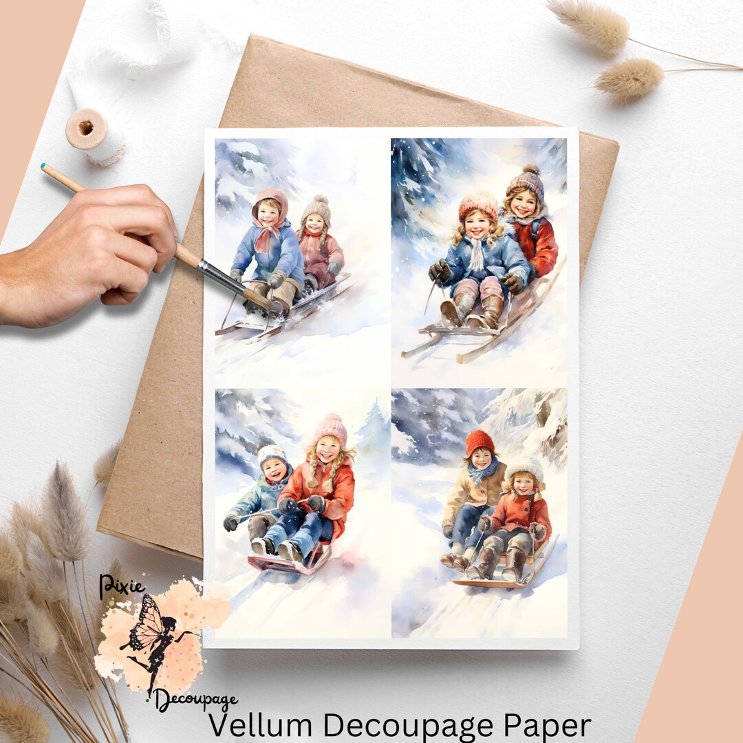 Kids Sledding Collage 2, Vellum Decoupage Paper US Letter Size, Shipped ...