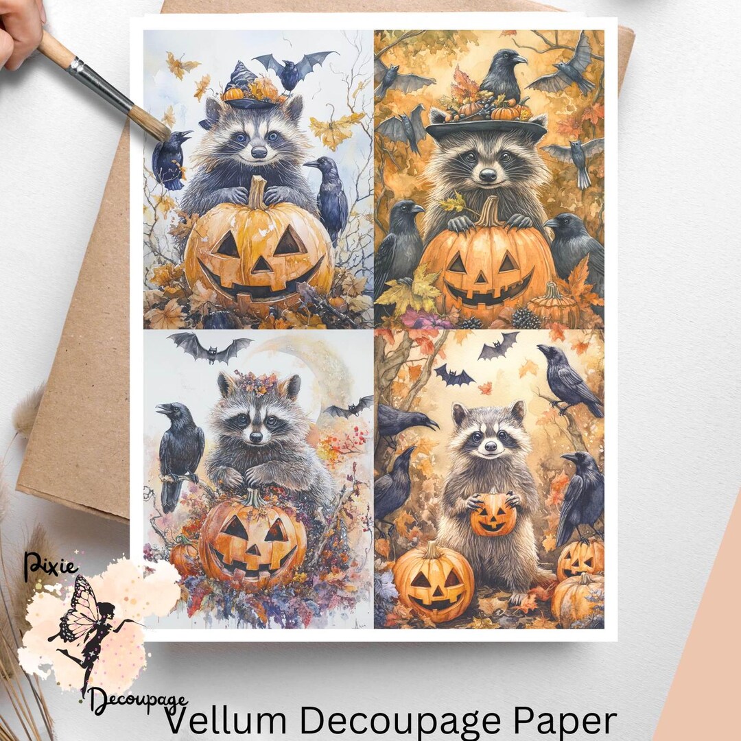 Raccoon With Pumpkins Collage 1, Vellum Decoupage Paper US Letter Size ...