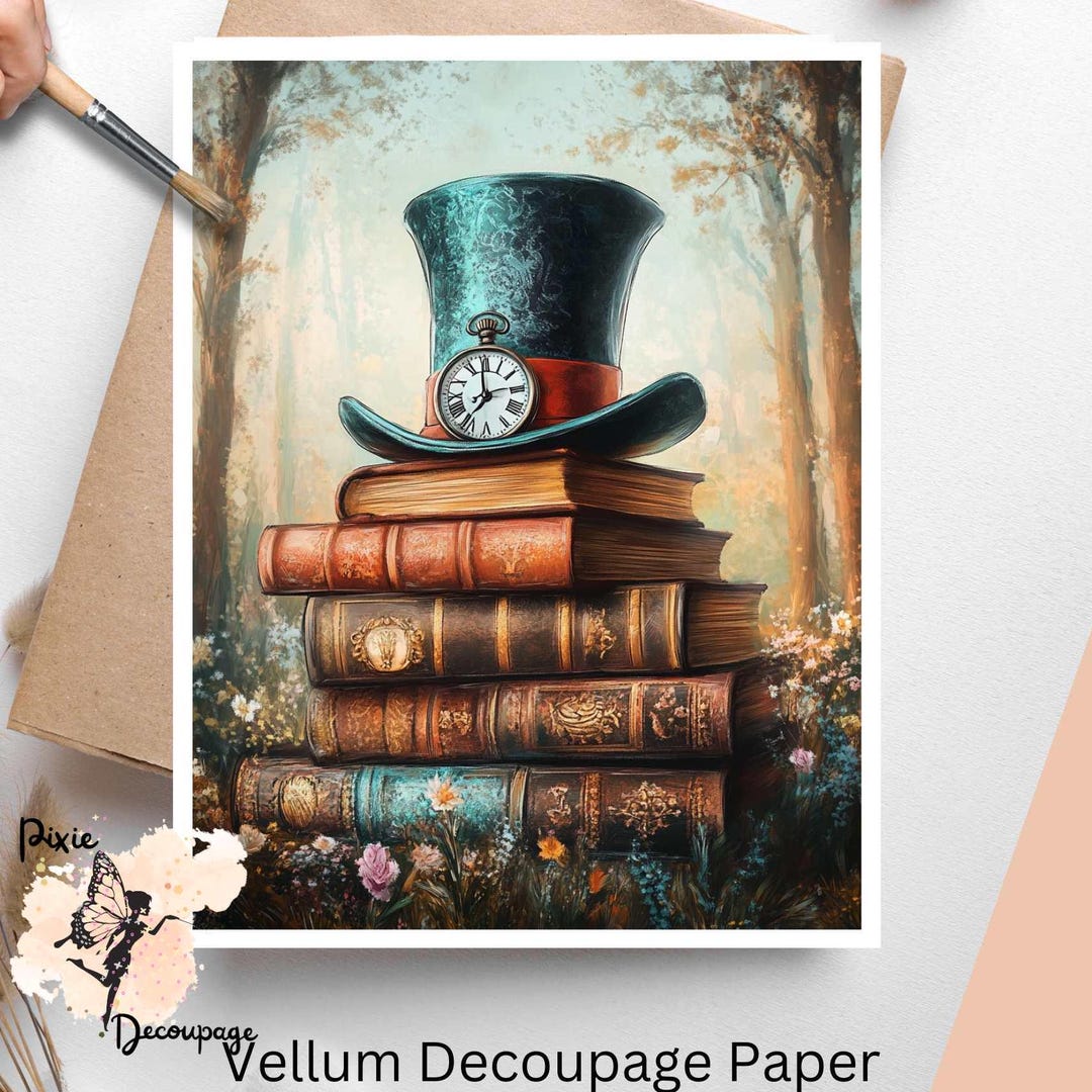 Stack of Books in Enchanted Forest 2, Vellum Decoupage Paper US Letter ...