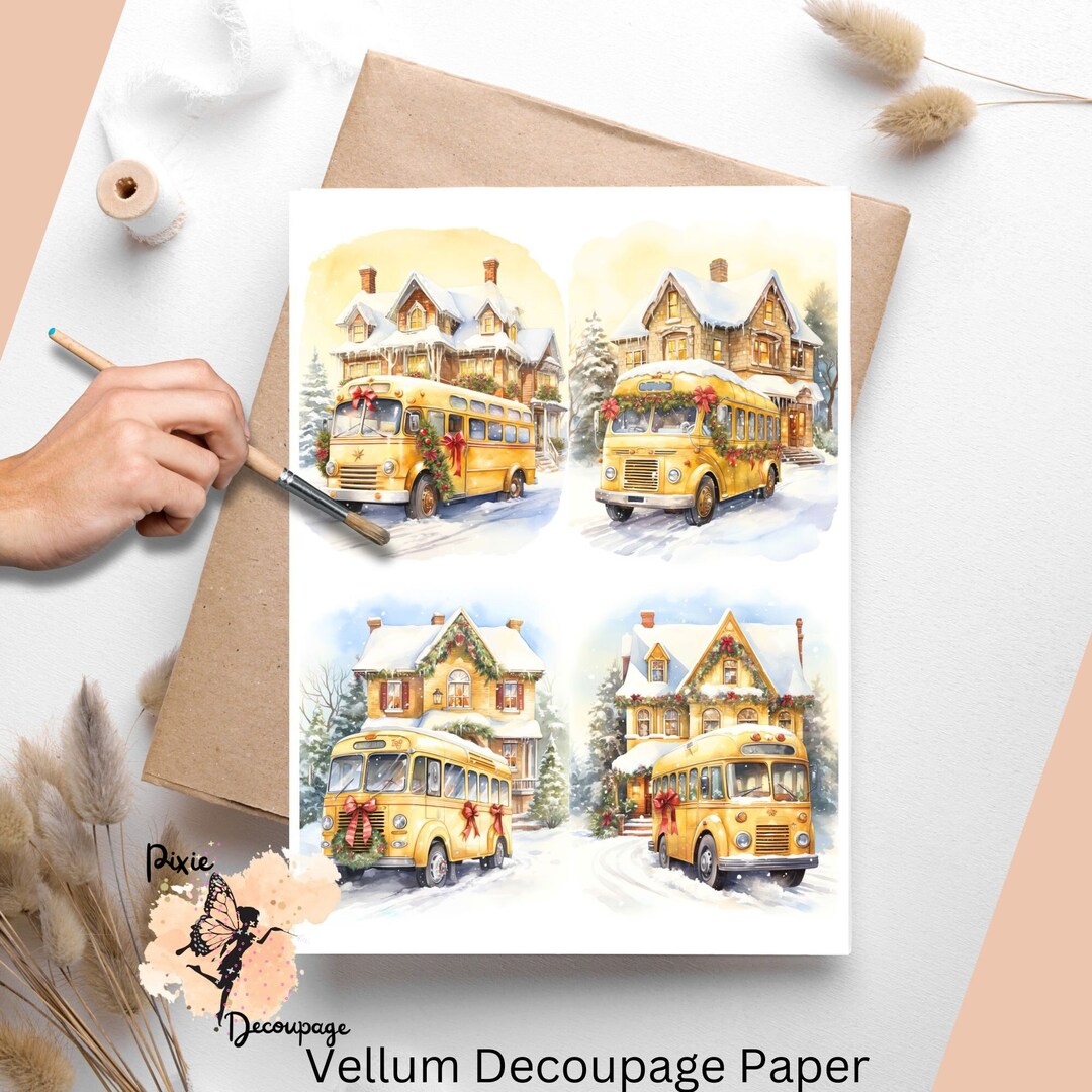 Christmas School Bus Collage 1, Decoupage Paper US Letter Size, Shipped ...