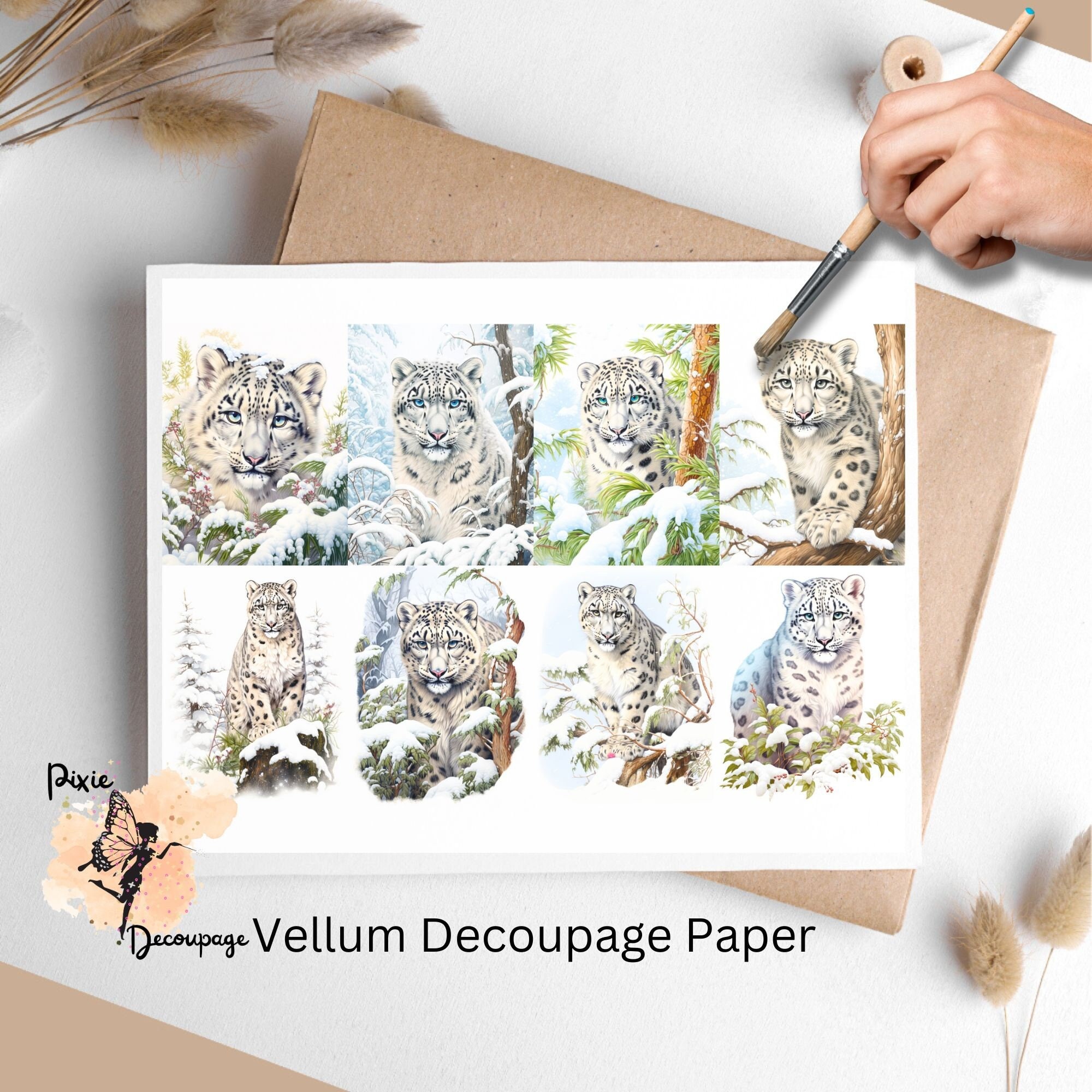 Snow Leopard in Snowy Forest Collage 3, Decoupage Paper US Letter Size ...