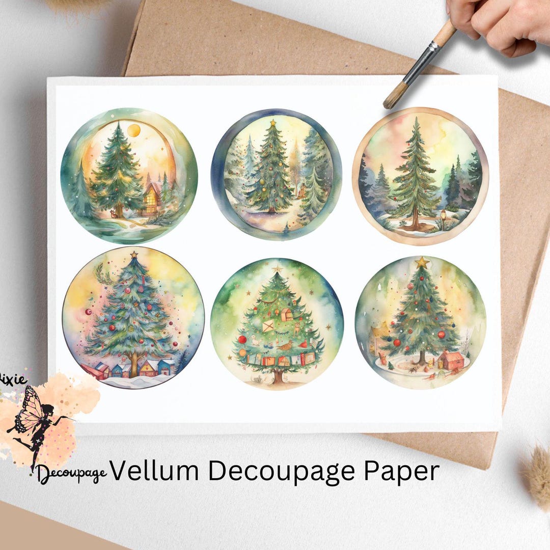 Whimsical Christmas Tree Circle Collage 3, Vellum Decoupage Paper US ...