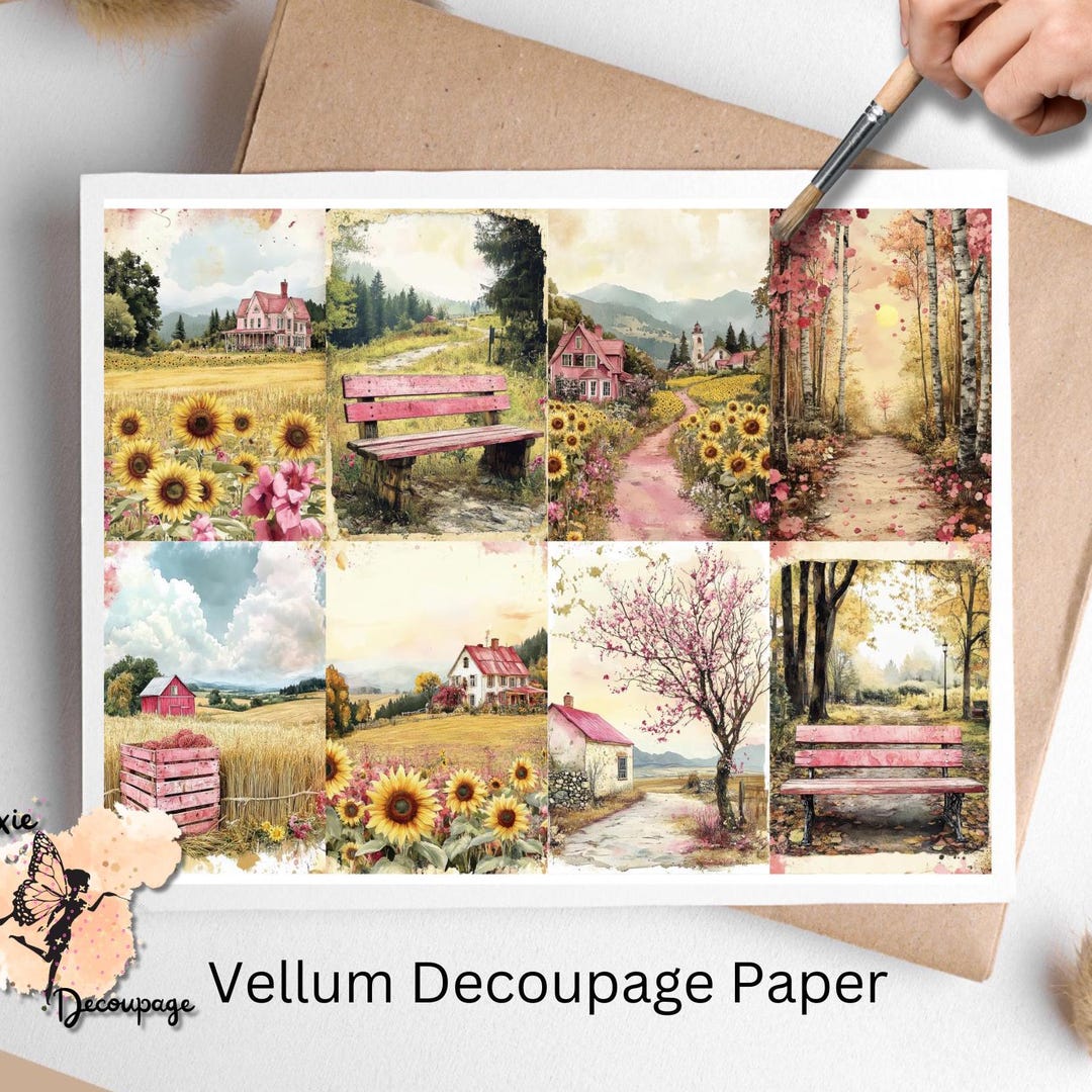 Shabby Chic Farm Landscape Collage 4, Vellum Decoupage Paper US Letter ...