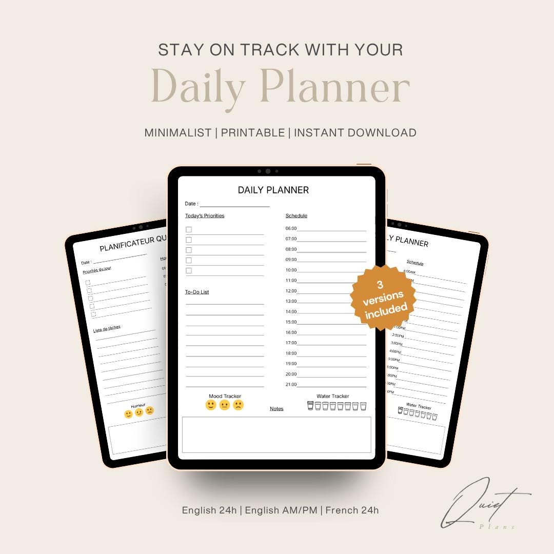 Daily Planner Template • Printable PDF • Fillable Daily Planner • Us/fr ...